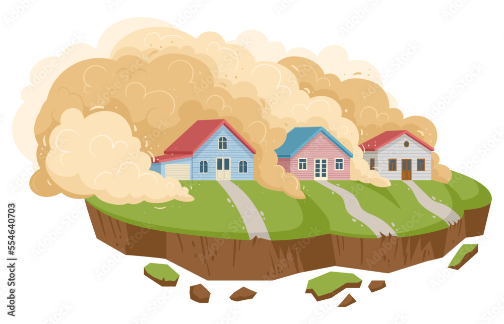 Cartoon landslide, natural disaster. Mountain avalanche, dust clouds ...
