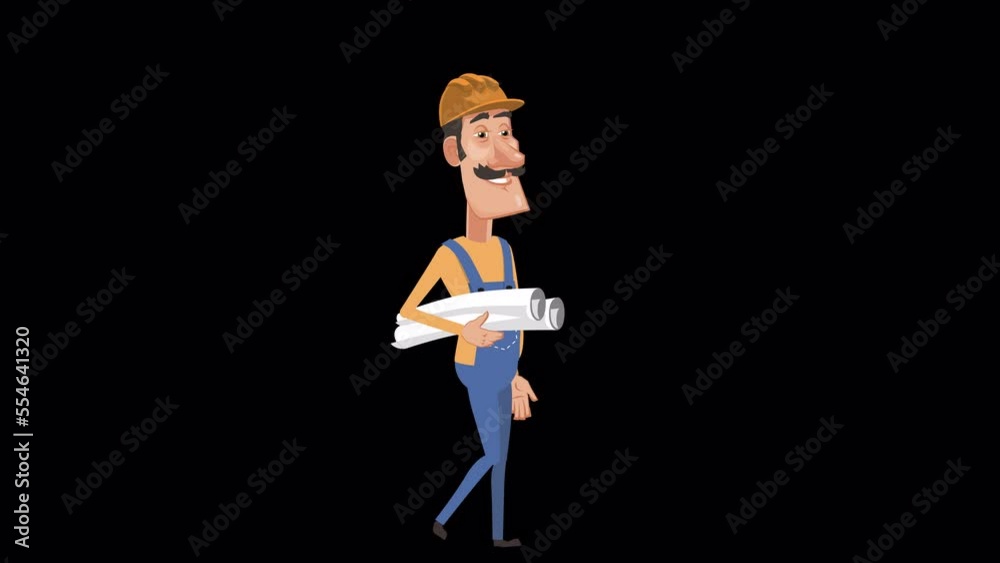 Cartoon foreman worker in helmet character walking cycle with rolls ...