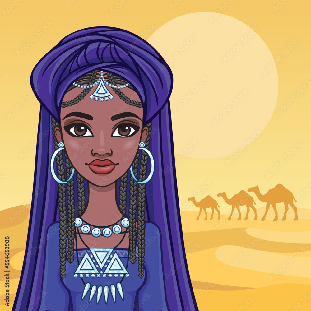 Beautiful animation African princess in ancient clothes and a turban ...
