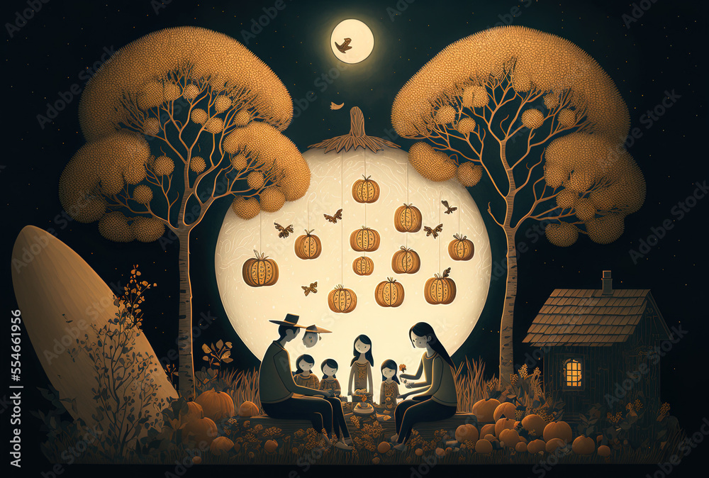 Illustration of a mid autumn event with a family relaxing in nature ...