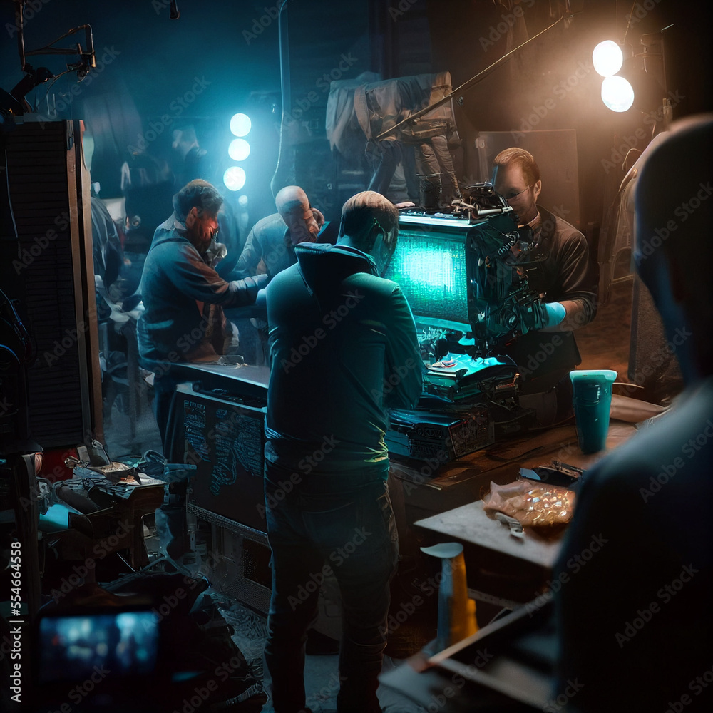 An illustration of a retro movie making scene. Behind the scenes ...