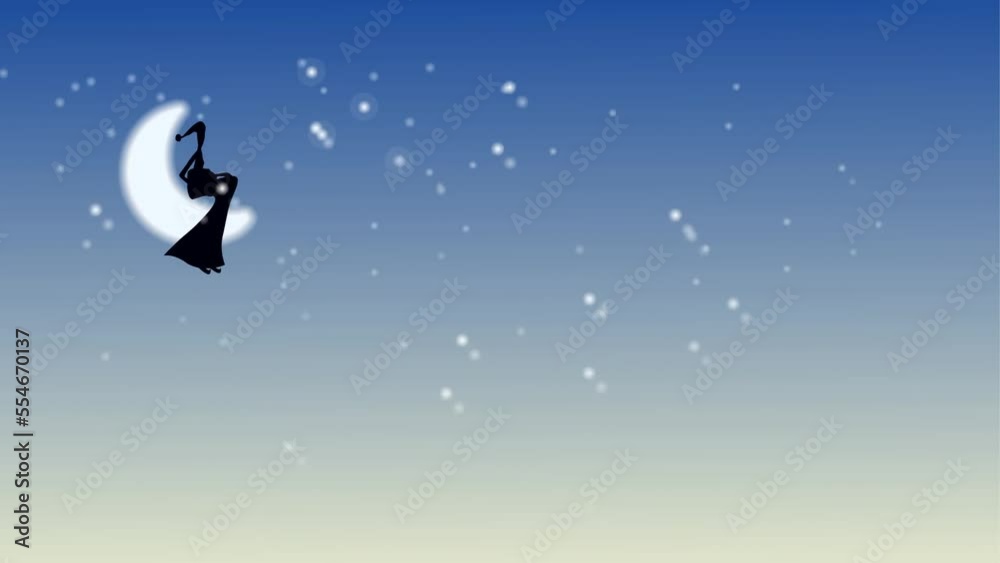 cartoon girl sitting on moon, snow particles 2d animation background ...