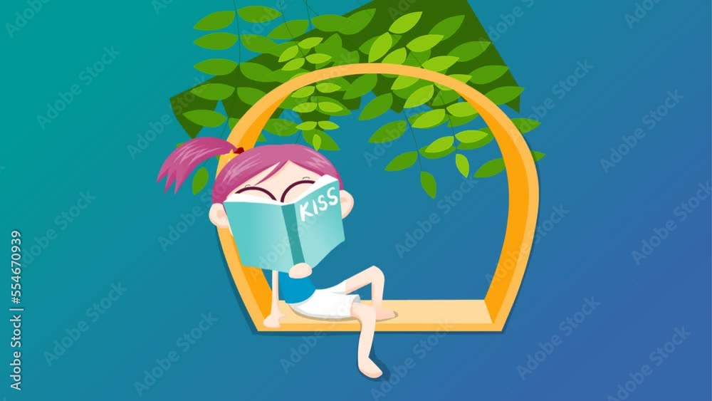 Cartoon girl reading book, kiss background and 2d animation Stock Video ...