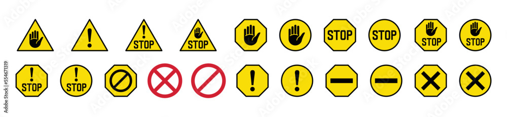 Vetor de Stop yellow sign icon set. Stop signs with white hand ...