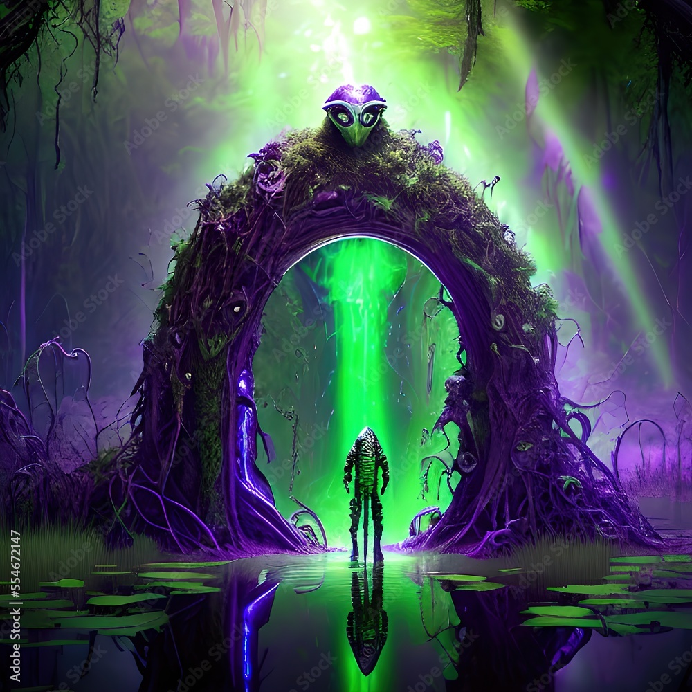 Alien beings in a swamp, at the entrance of an interdimensional portal ...