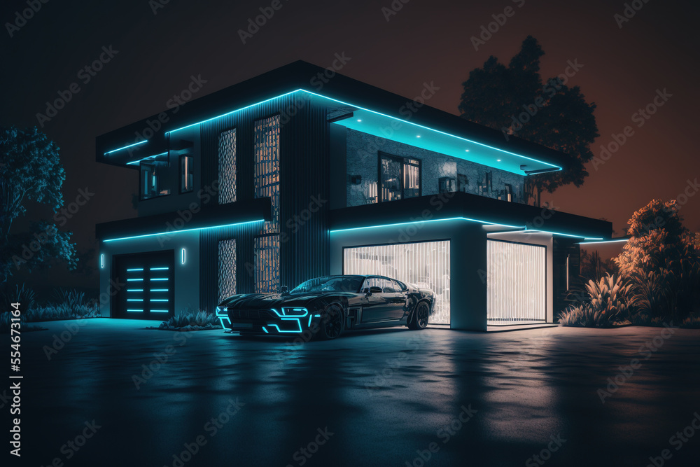 A futuristic modern luxury house with blue neon lights and a sports car at night, generative ai ...