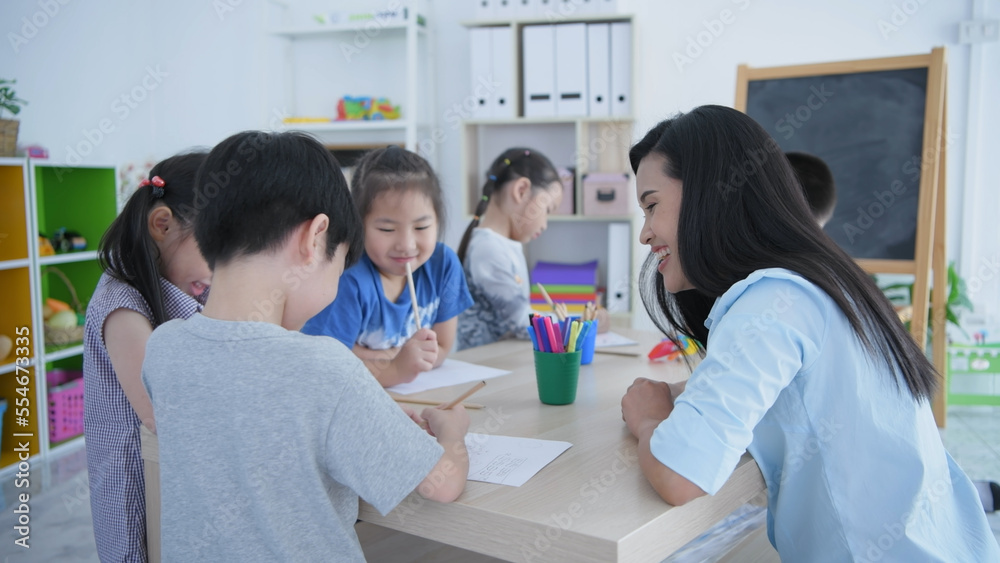 Educational concept of 4k Resolution. Kindergarten children drawing fun ...