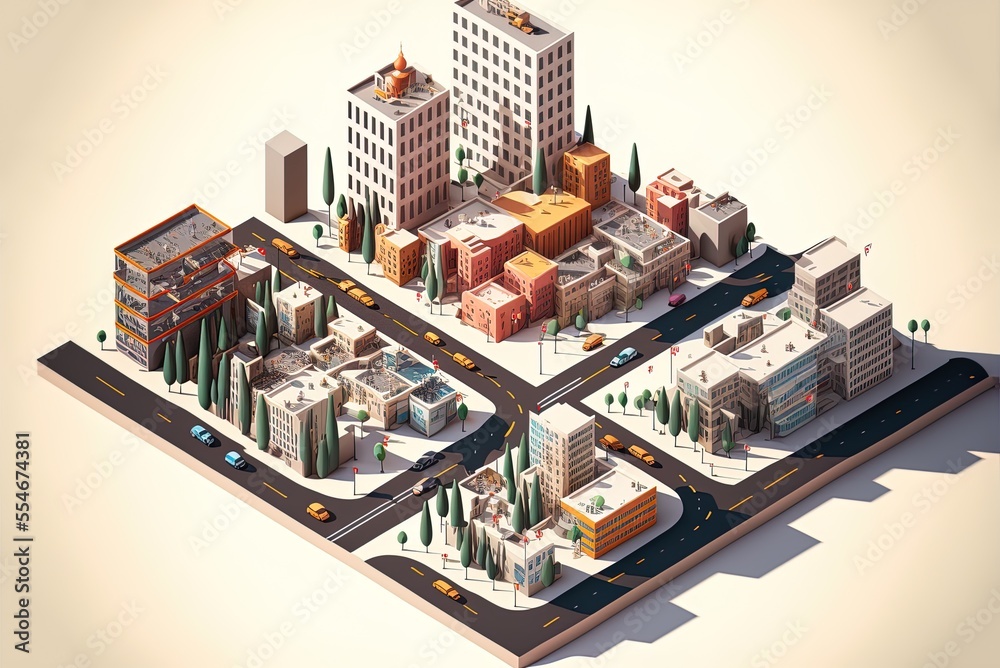 3D isometric cityscape diagram showing buildings, transportation ...