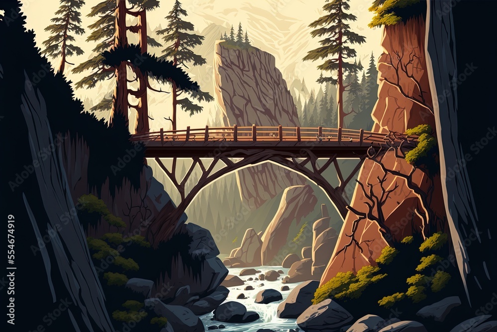 Ilustracja Stock: A log bridge spans a deep chasm high above a cliff ...
