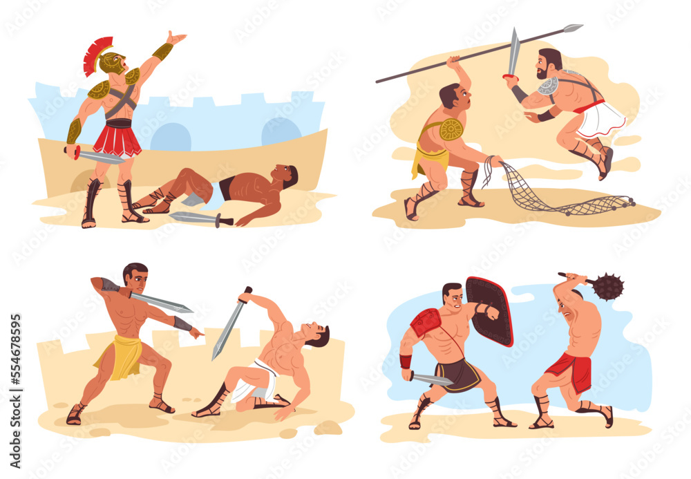 Gladiators fight scenes. Ancient Roman warriors. People in armor ...