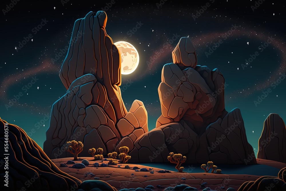 Cartoon scene with floating rock formations against a starry night sky ...