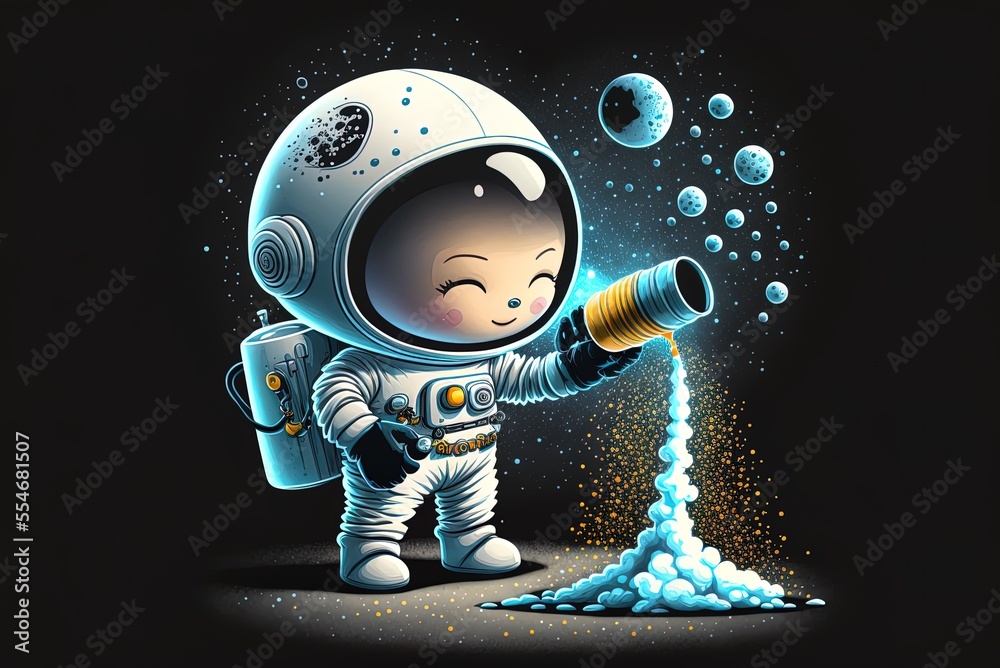 Cartoon astronaut boy spraying the moon with space spray, emblem for ...