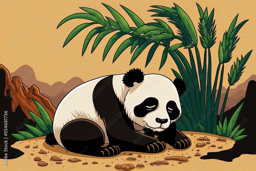 Cartoon picture of a cute panda dozing off after a meal of bamboo. The ...