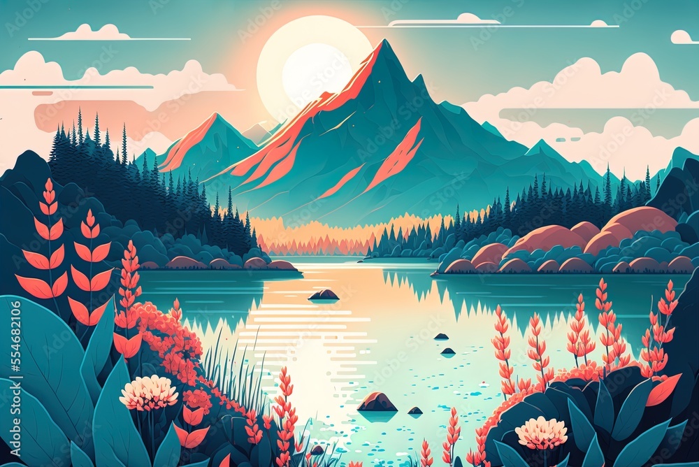 Poster Blue lake, mountains, and a rising sun are depicted in this ...