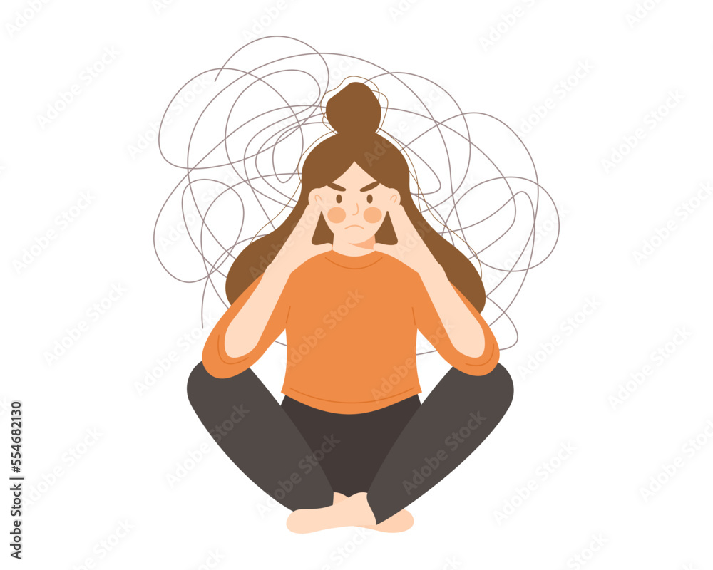 Confused girl holding her head and thinking. Flat cartoon vector ...