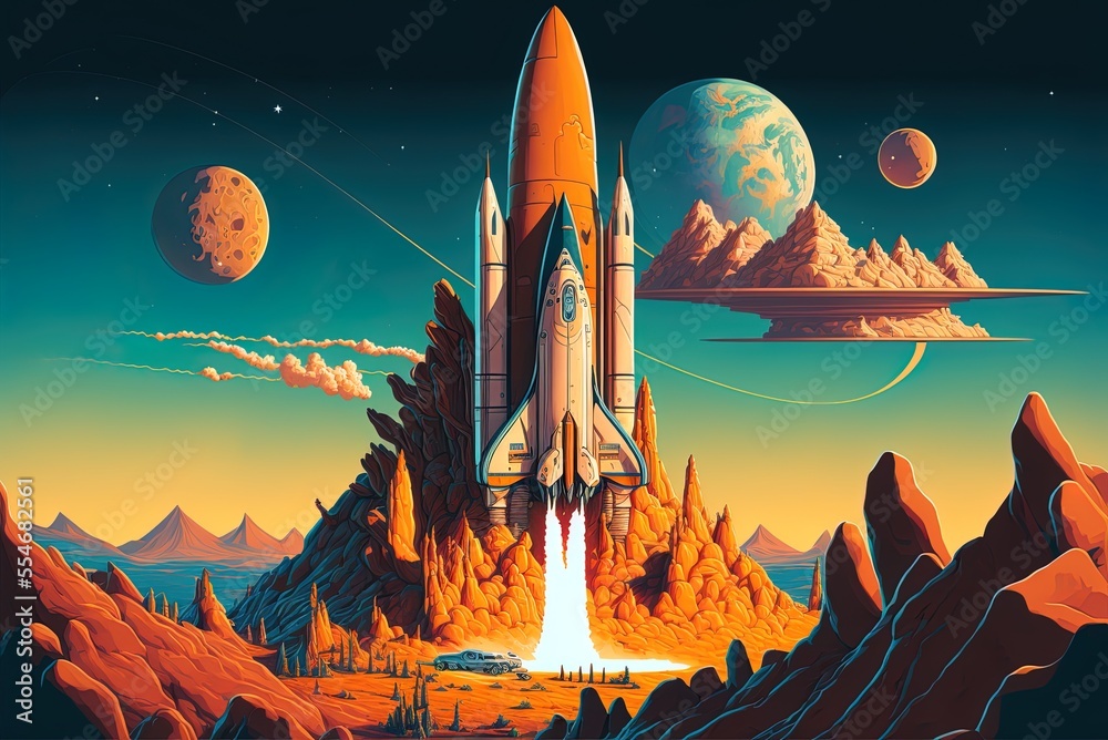 Cartoon icon artwork of a space shuttle blasting off beside a tower, a ...