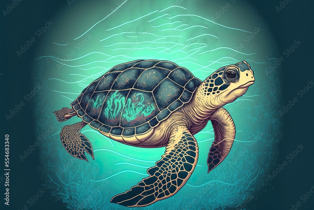 Cartoon artwork of a sea turtle entangled in a plastic bag on the ...