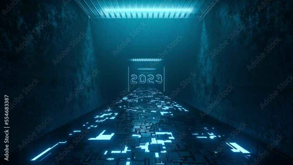 Technology Cyber Tunnel Hologram Inscription 2023 Video Loop Animation ...