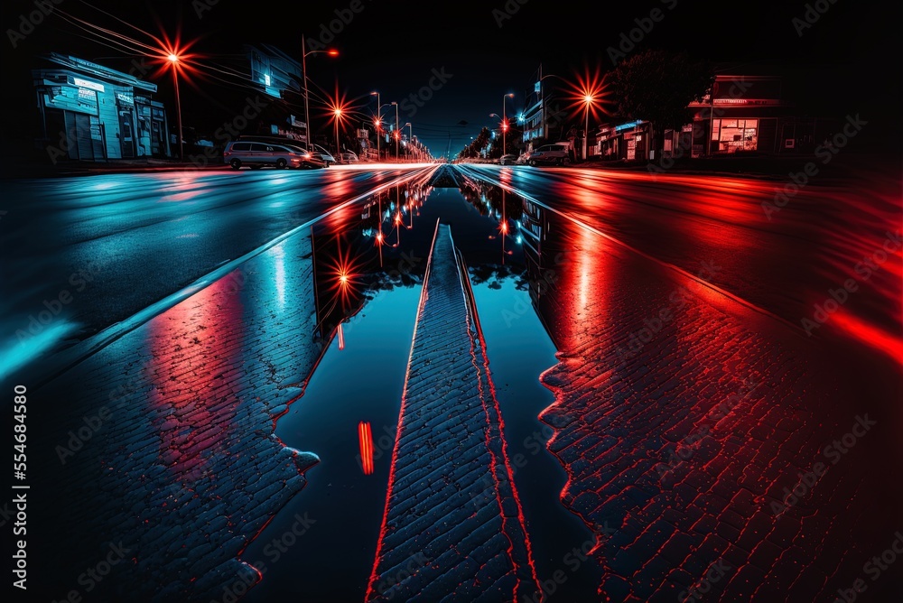 Blue and red neon lights reflected on the pavement against a black ...
