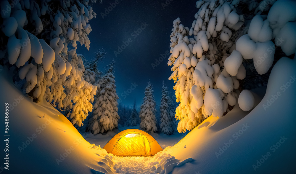 Camping in the snowy mountains on a Expedition. Beautiful winter nature ...