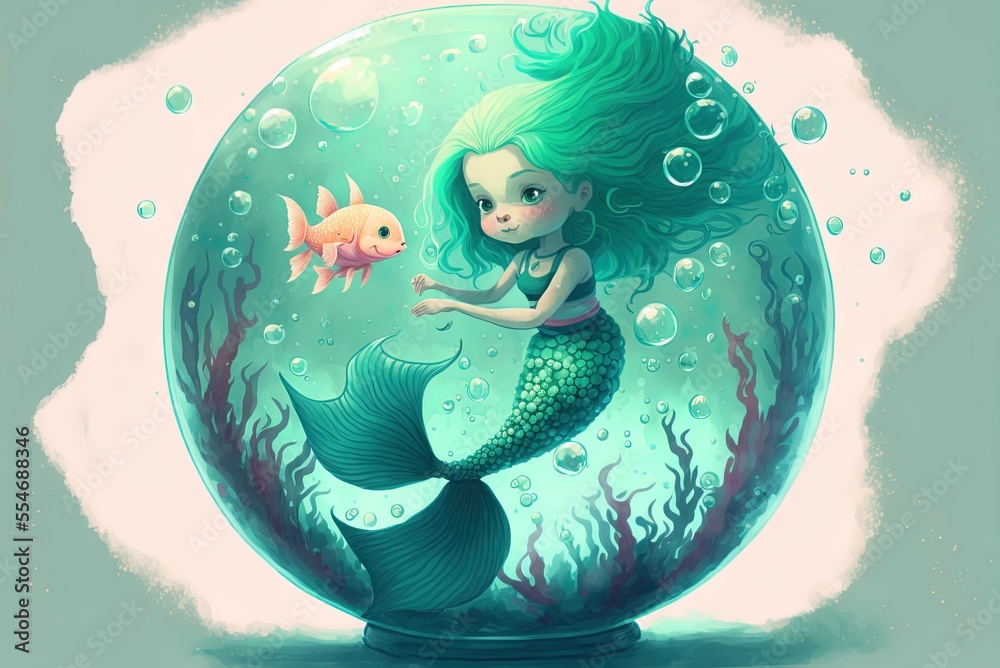 Attractive mermaid swimming underwater with little fish. Cute female ...