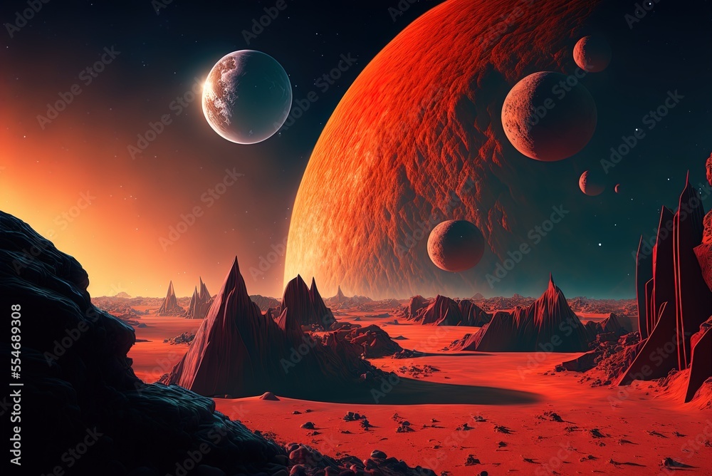 Background of a distant planet from an alien world. Cartoonish sci fi ...