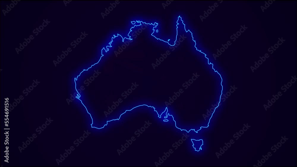 Australia Map Outline Country Border on dark blue. Neon Lights colorful ...
