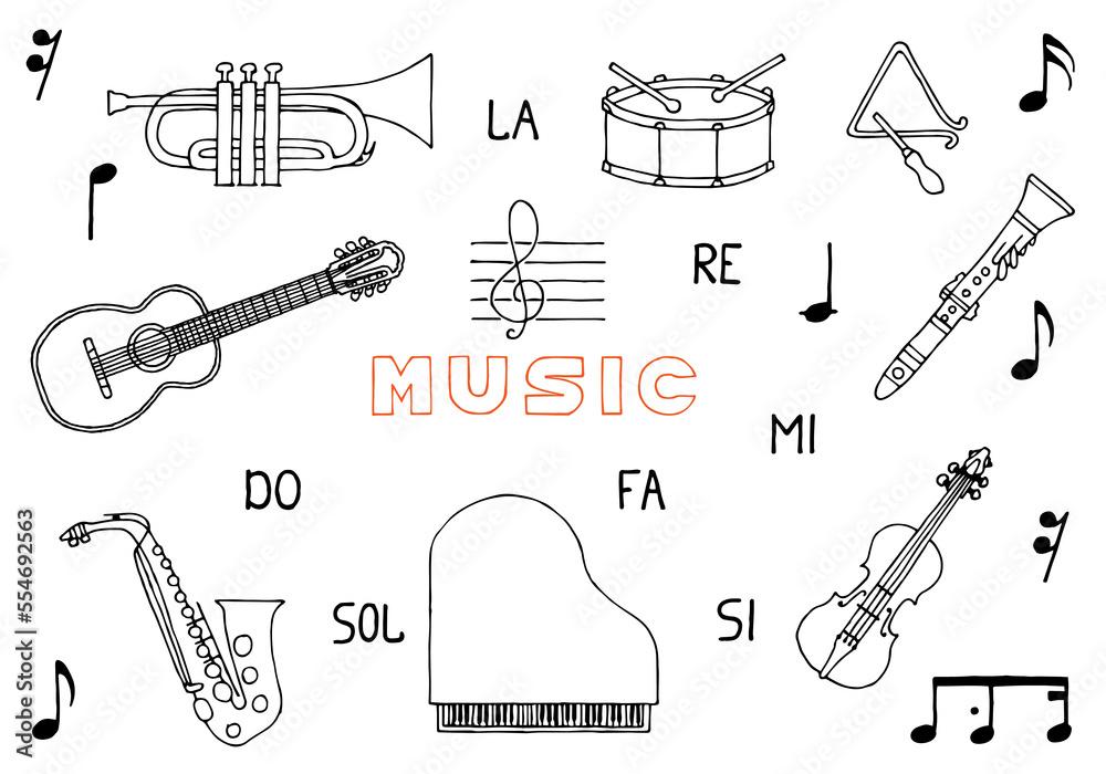 Set of musical instruments and notes with the inscription Music in the ...