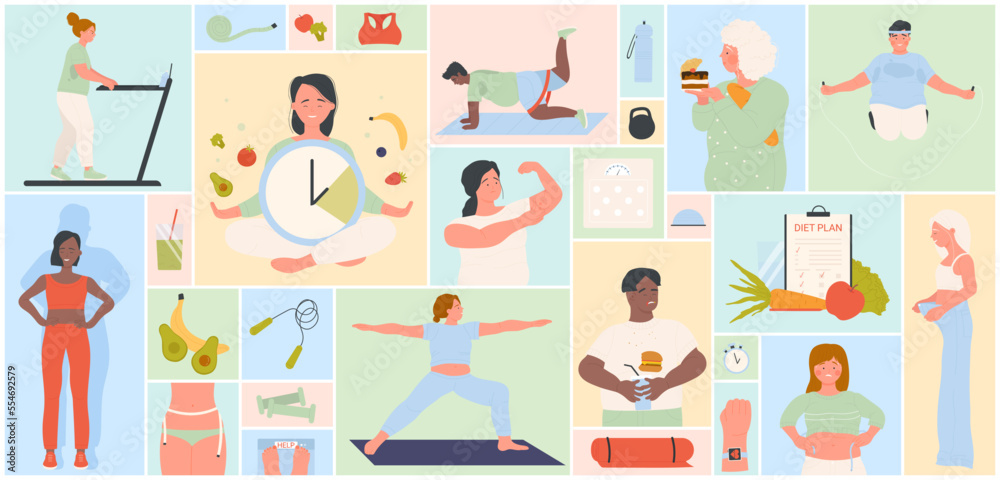 Cartoon skinny man and woman showing transformation before and after ...