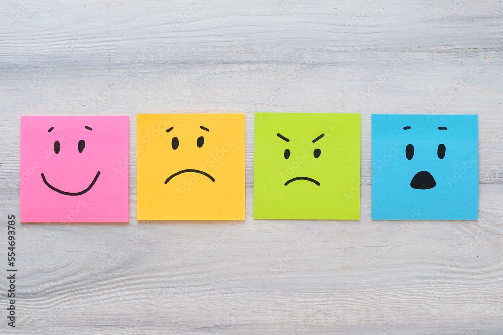 Basic emotions are joy, sadness, anger, fear or surprise. Four colorful ...