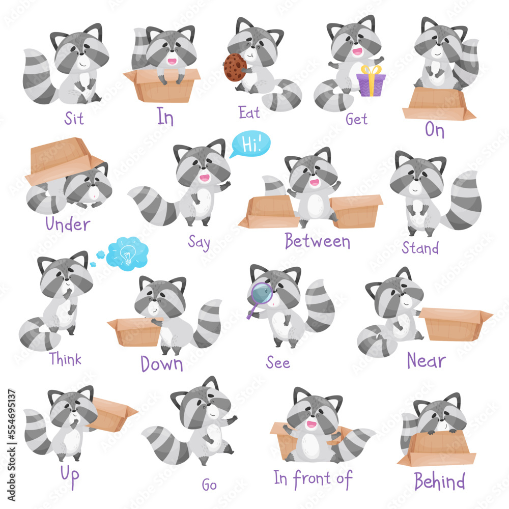 Cute Racoon Character with Striped Tail with Carton Box as English Word ...