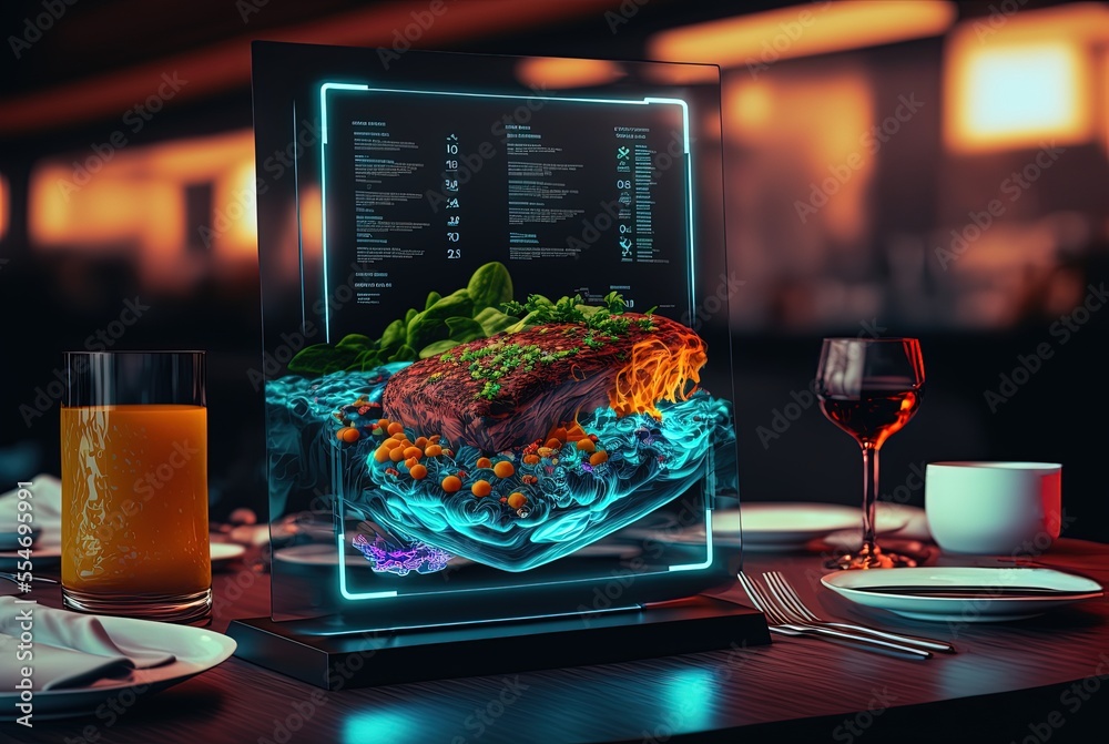 illustration of futuristic restaurant with hologram or smart panel ...