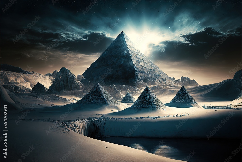 Glacial period in ancient Egypt. Fantasy winter landscape, Giza ...
