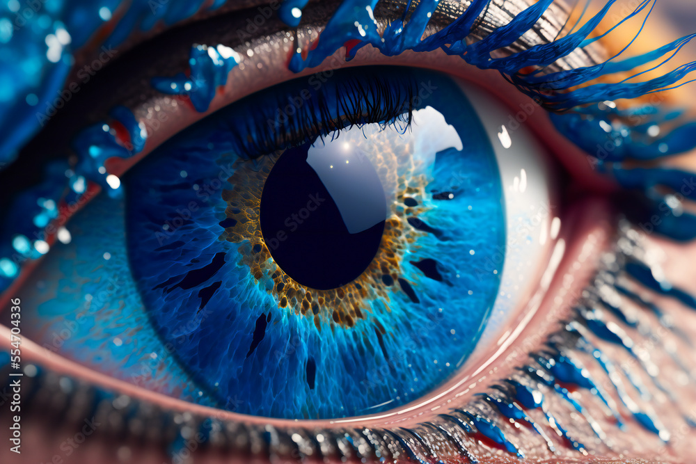 Blue human eye with makeup. Eye painting. Futuristic fantasy digital art, Image created with ...