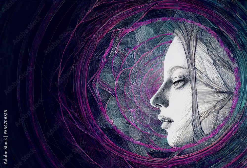 Woman looking at her incarnations, line drawing, sacred geometry ...