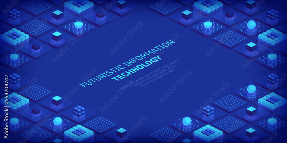 Isometric futuristic information technology blockchain concept. Big data binary code, data flow ...