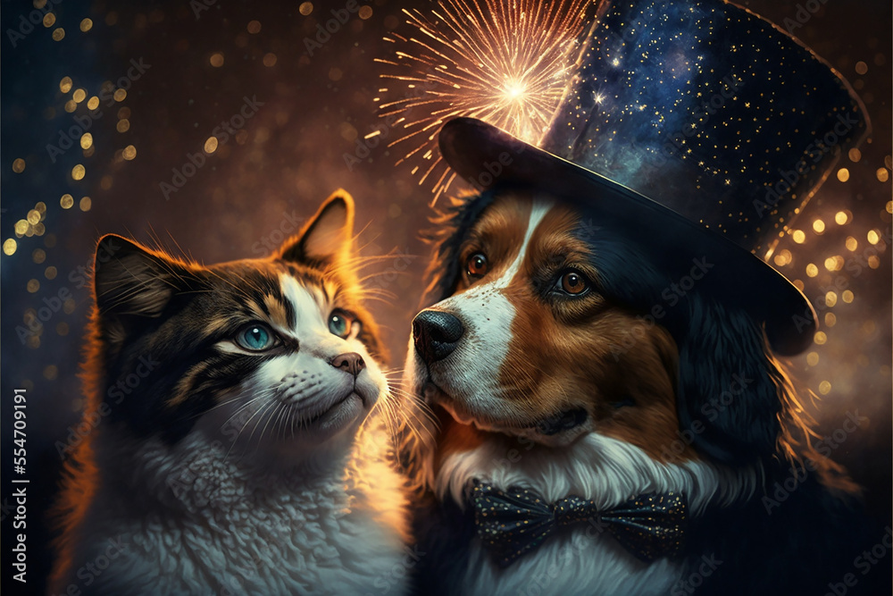 cat and dog's faces as they gaze up at the fireworks bursting in the ...