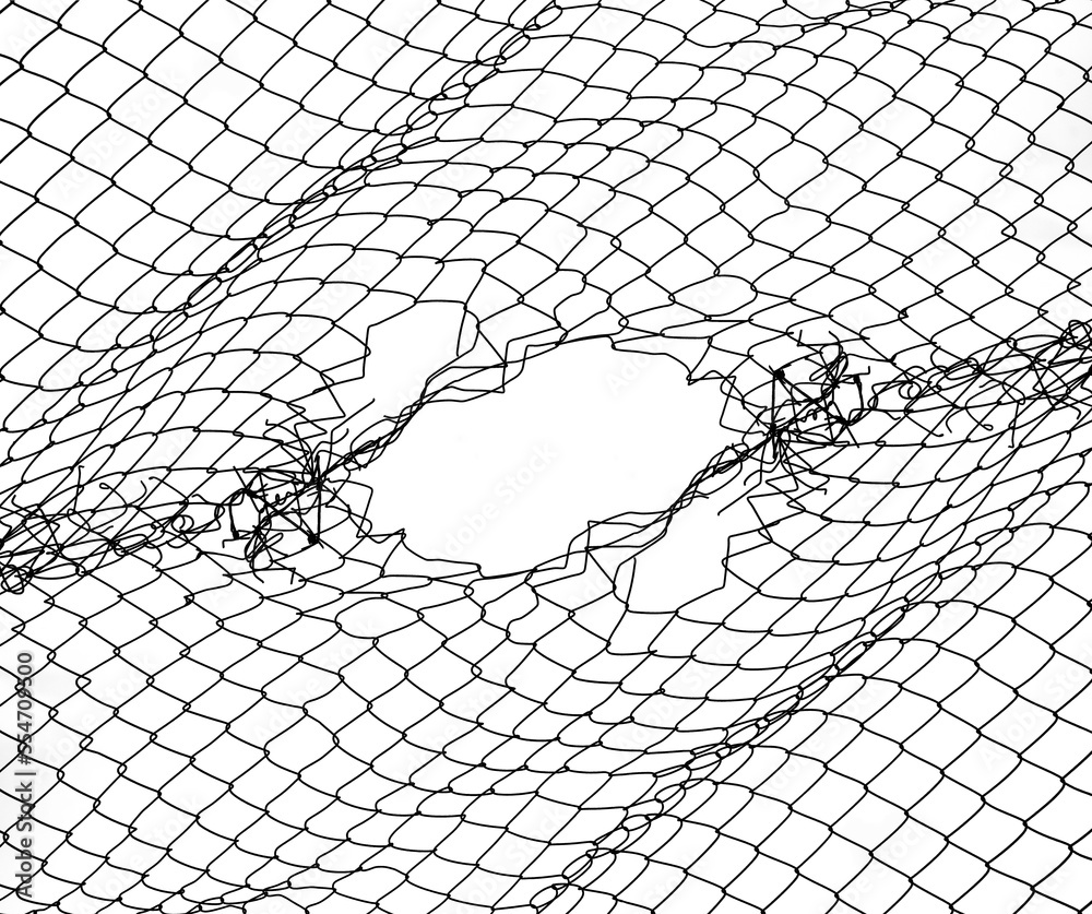 Opening in metallic fence isolated on white background . Challenge ...