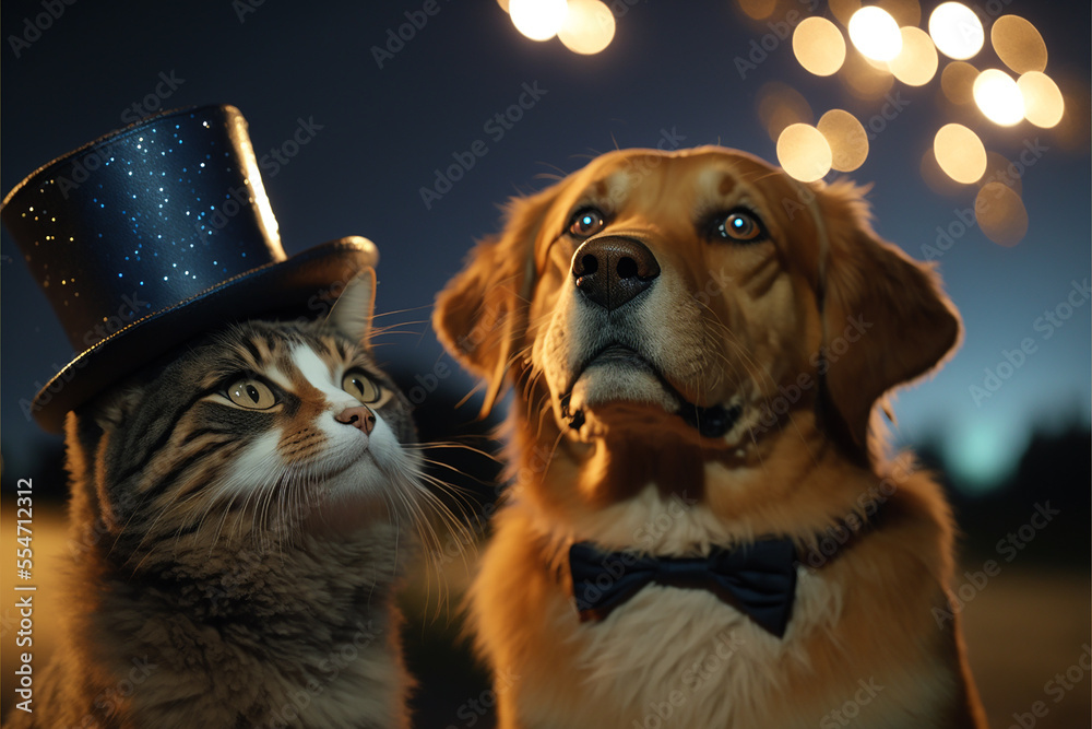 cat and dog's faces as they gaze up at the fireworks bursting in the ...