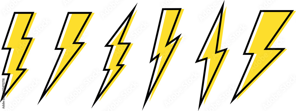 Yellow illustrations of thunder and lightning, icon set isolated on ...