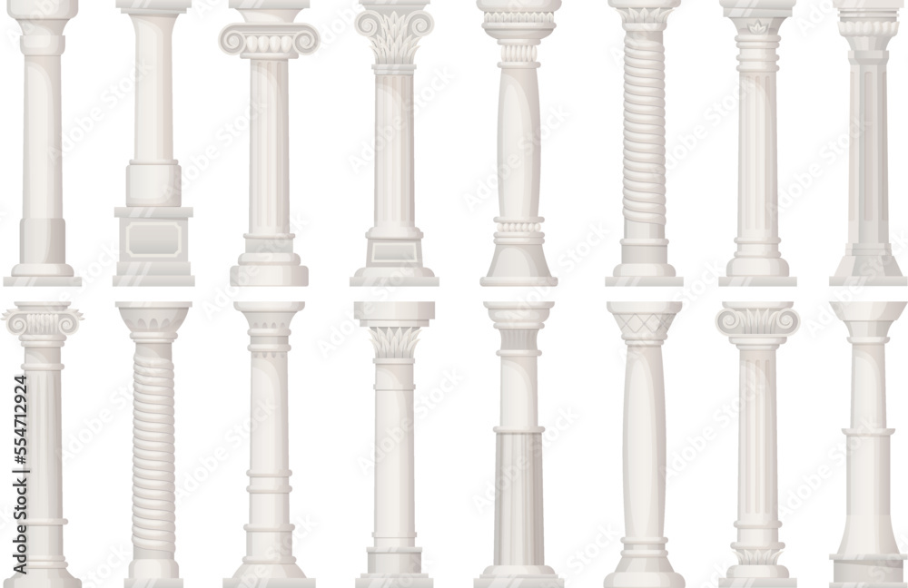 Cartoon antique pillars. Old roman or greek pillar on pedestal, ancient ...