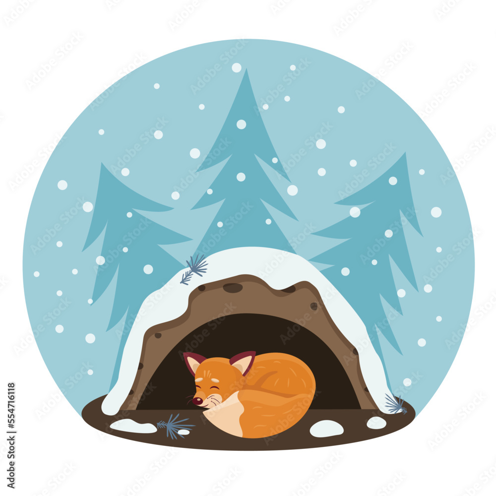 Cartoon fox inside the hole. Red fox in a hole during hibernation. Flat ...