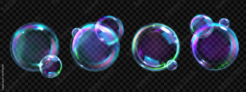 Soap bubble vector set, magic 3D air rainbow ball kit, transparent ...