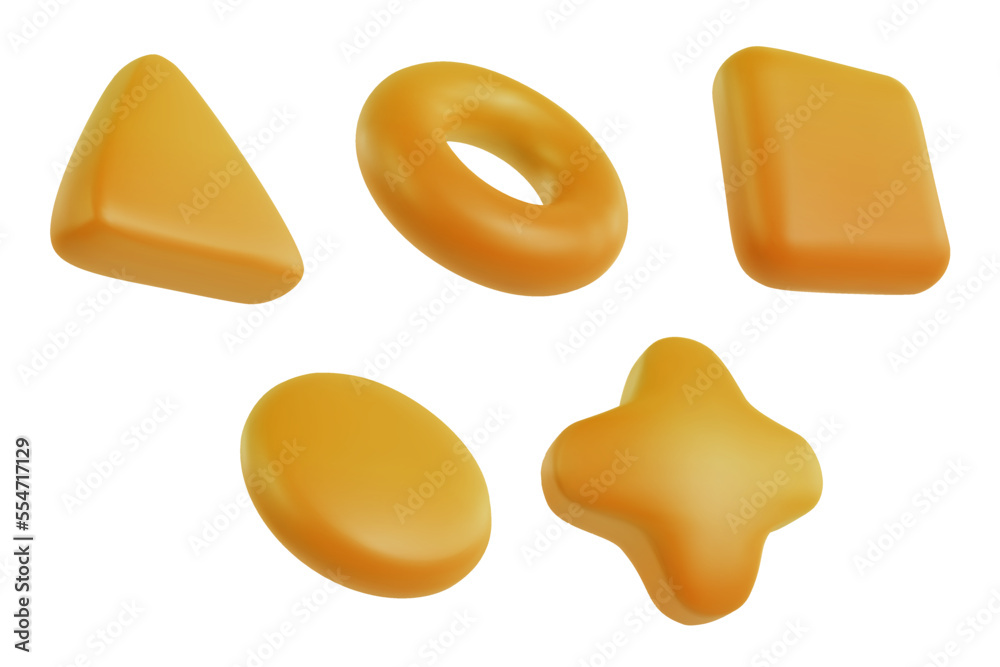Set of 3d cartoon yellow simple geometric shapes in realistic soft ...