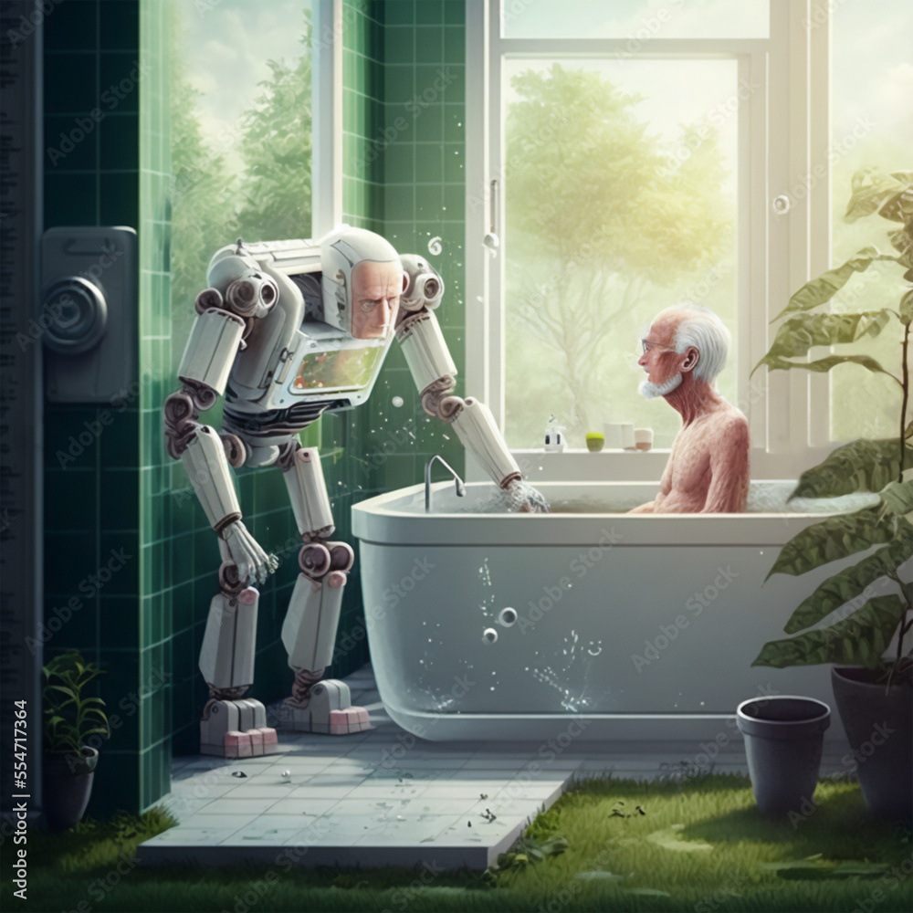 modern robot bathes an old man in bathroom. use of nanotechnology in ...
