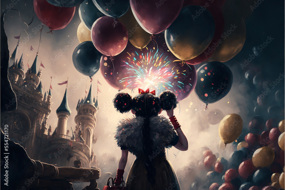 Rear View Of Minnie Mouse gaze up at the fireworks bursting in the ...
