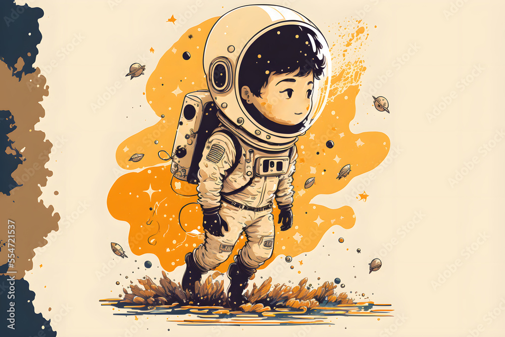 Illustrative drawing of a boy wearing an astronaut suit. Space boy ...