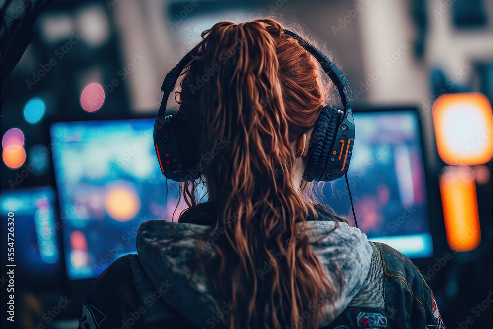Back view of gamer girl gaming with headset and multiple PC screens ...