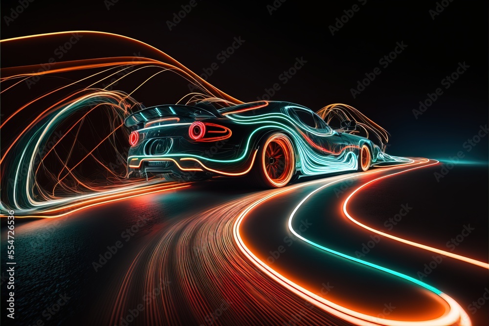a car driving down a road with neon lights on it's side and a tunnel of ...