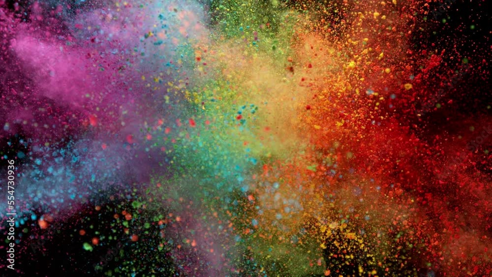 Super slow motion of colored powder explosion isolated on black ...